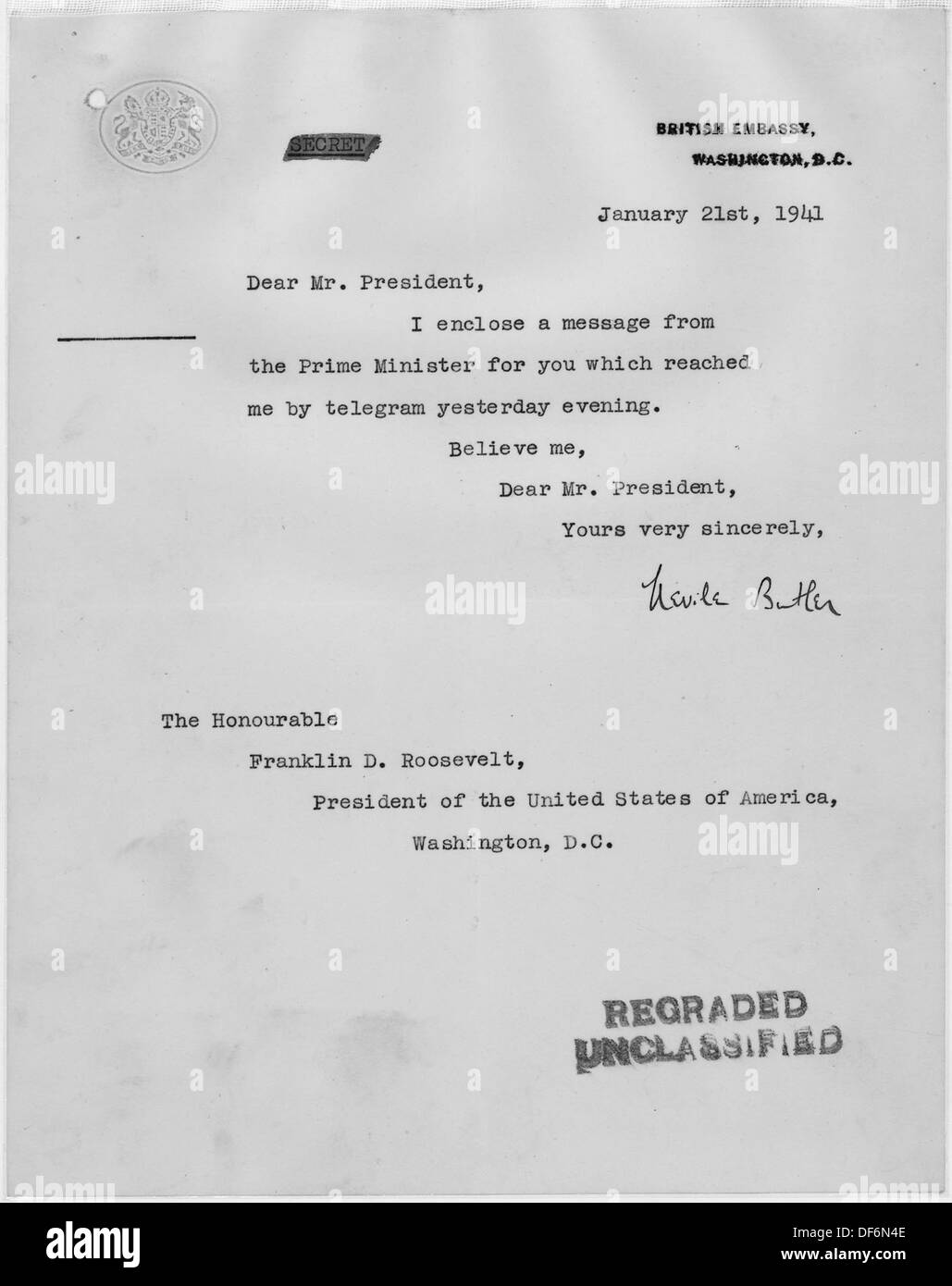 A letter from Neville Butler to President Franklin D. Roosevelt, dated ...