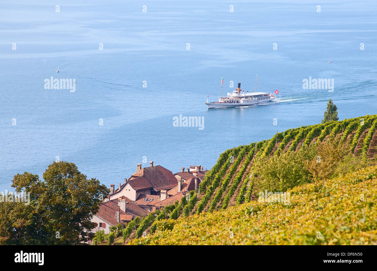 Vintage steam boat near the pier on the lake Leman (Switzerland Stock ...