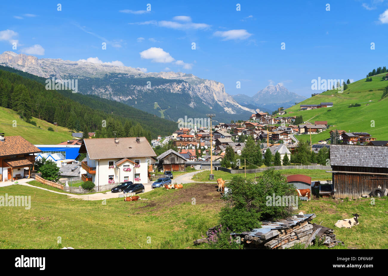 overview of San Cassiano, famous small town in Val Badia, Italy Stock ...