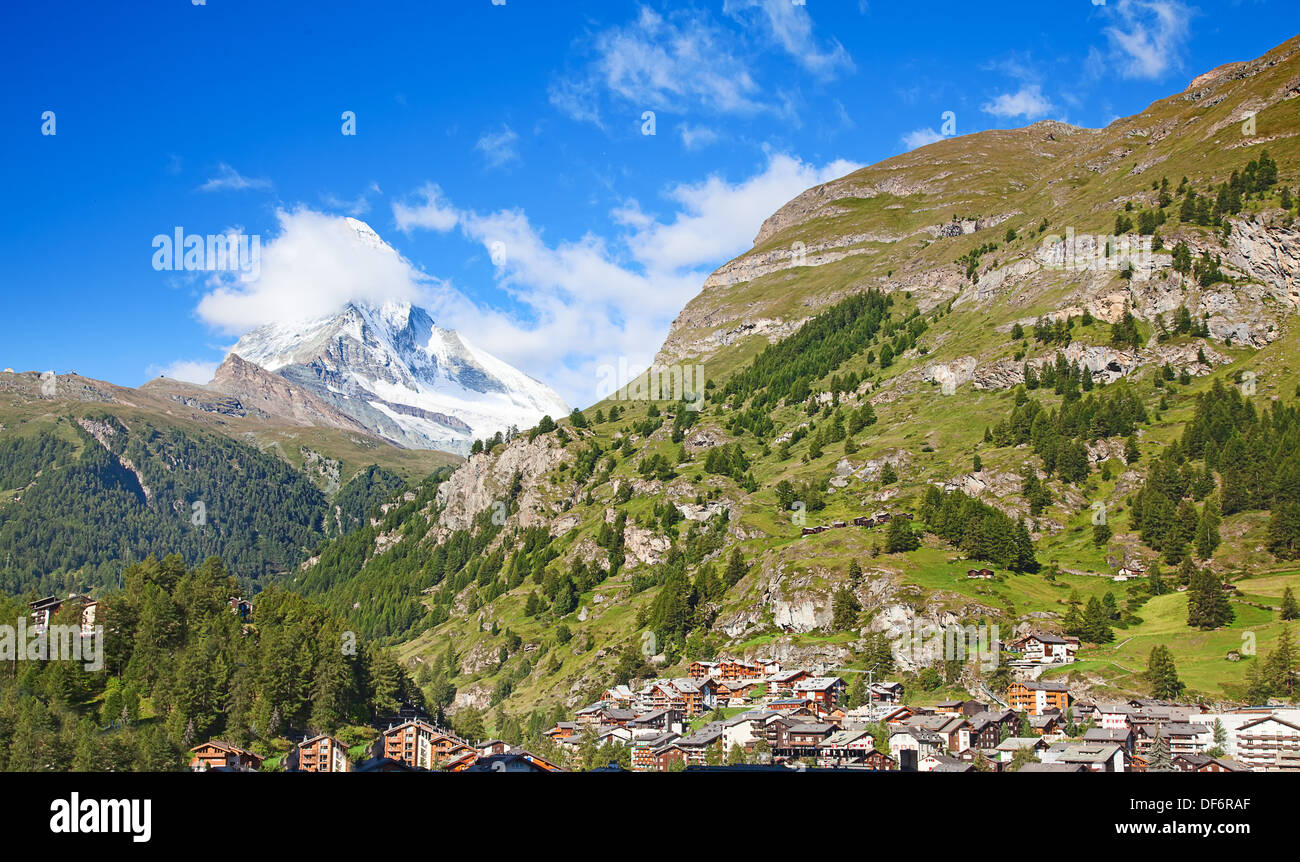 Famous swiss city Zermatt in the valley near the swiss-italian border ...
