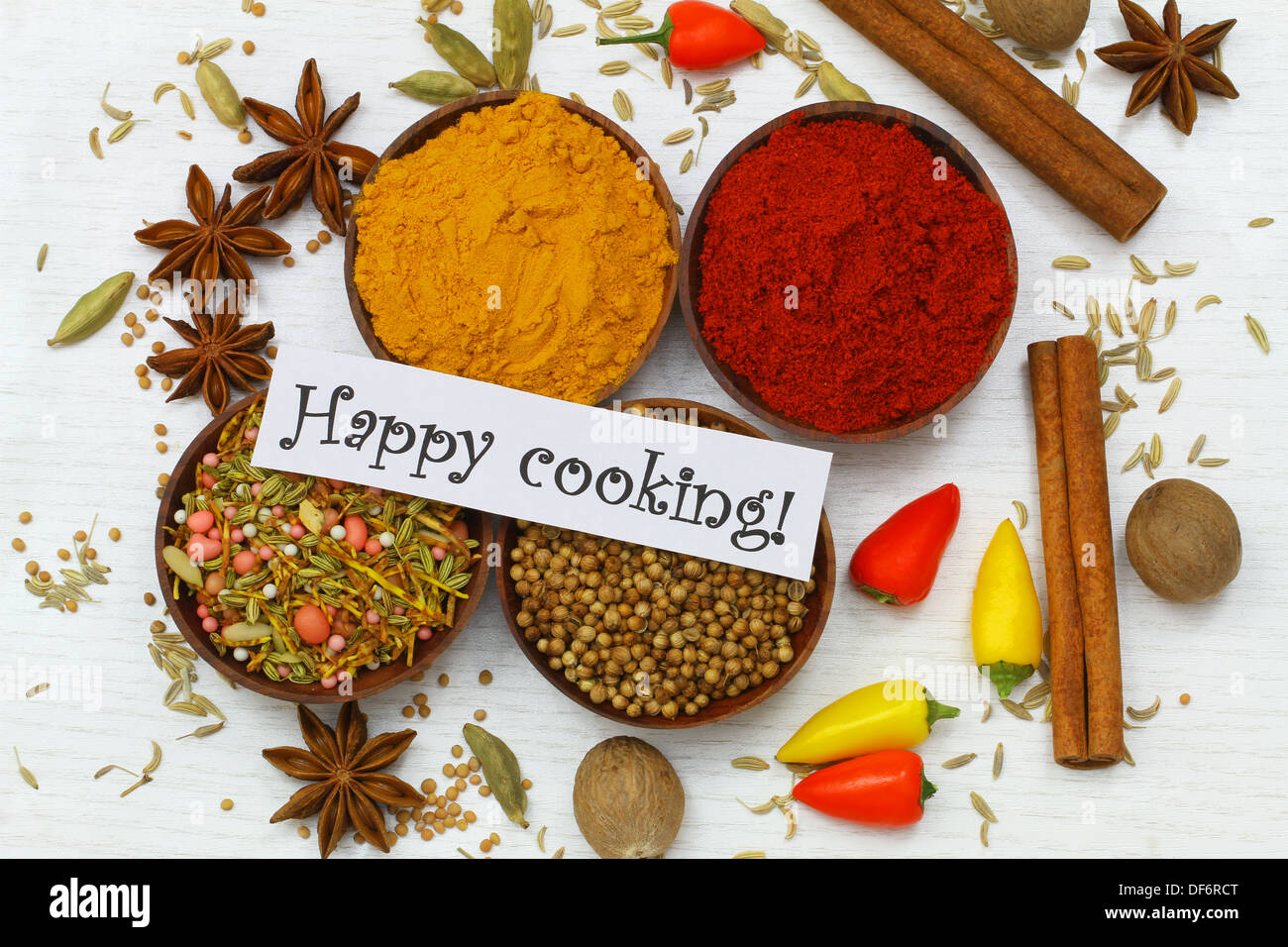 Happy cooking card with selection of spices and chilies Stock Photo - Alamy