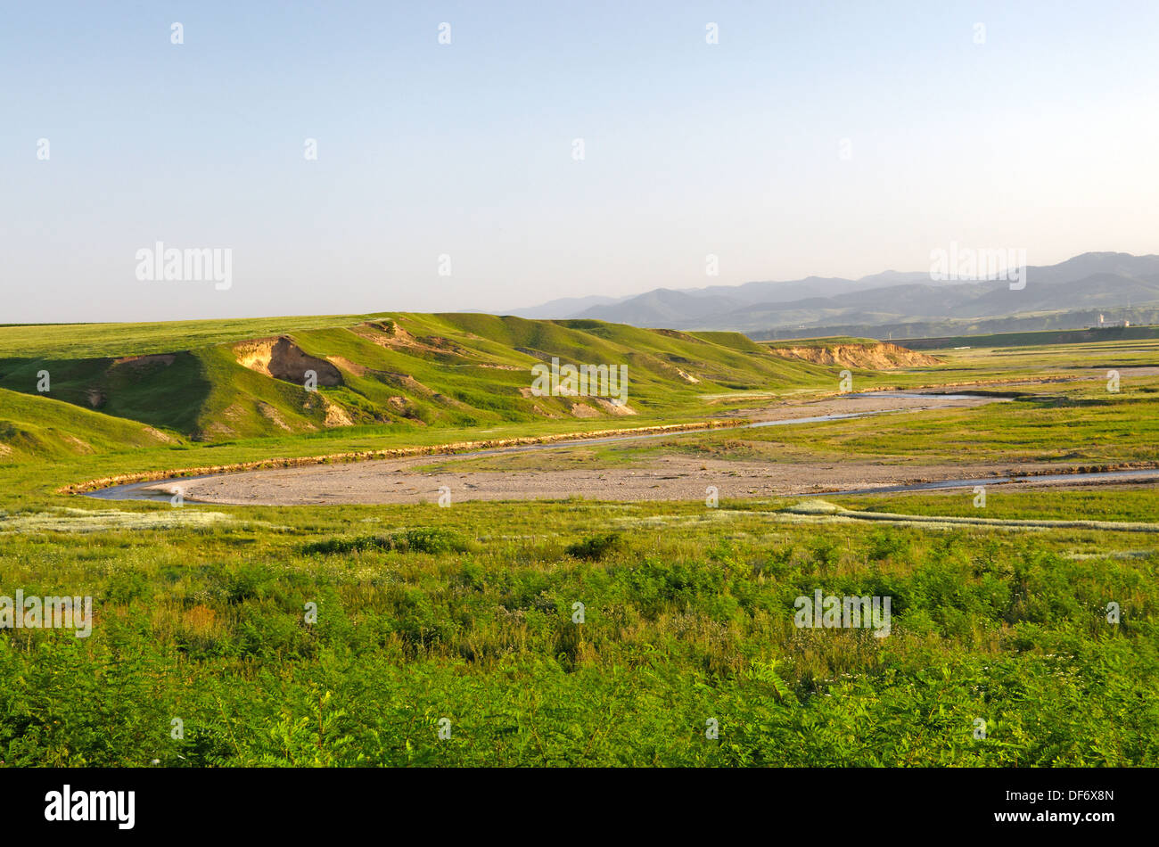 A curvy river flows through a green meadow Stock Photo - Alamy