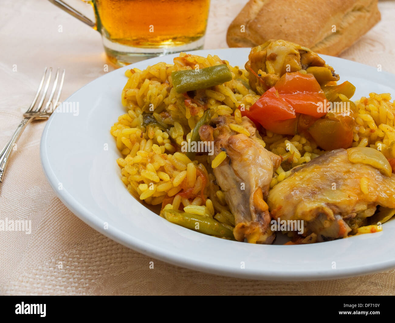 Typical and authentic spanish Paella tapa with chicken and rabbit. (No ...