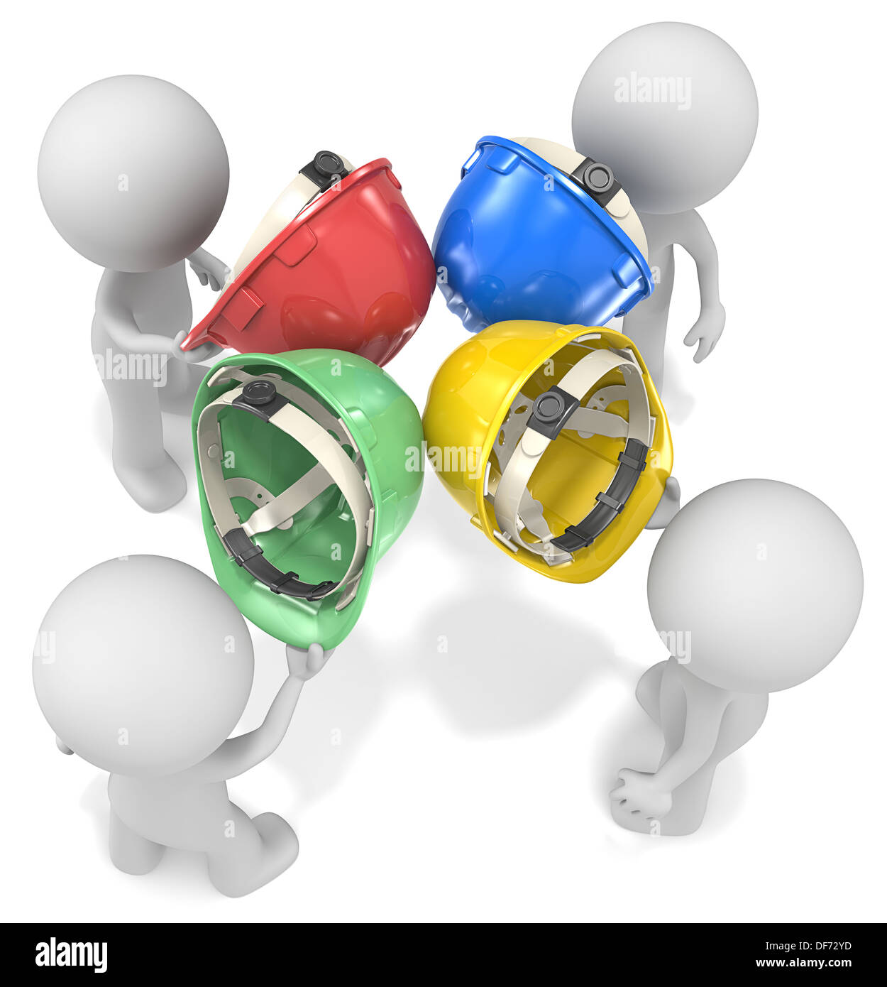 Dude the Builder x 4 holding hardhats together. Top view Stock Photo ...