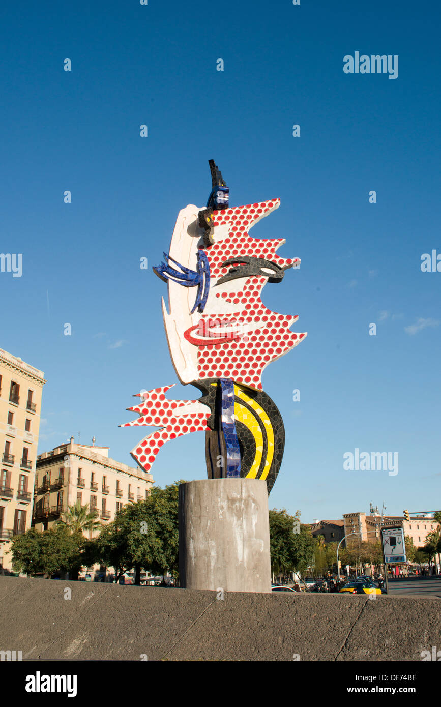 Europe, Spain, Barcelona, Sculpture Roy Lichtenstein, the face Stock ...