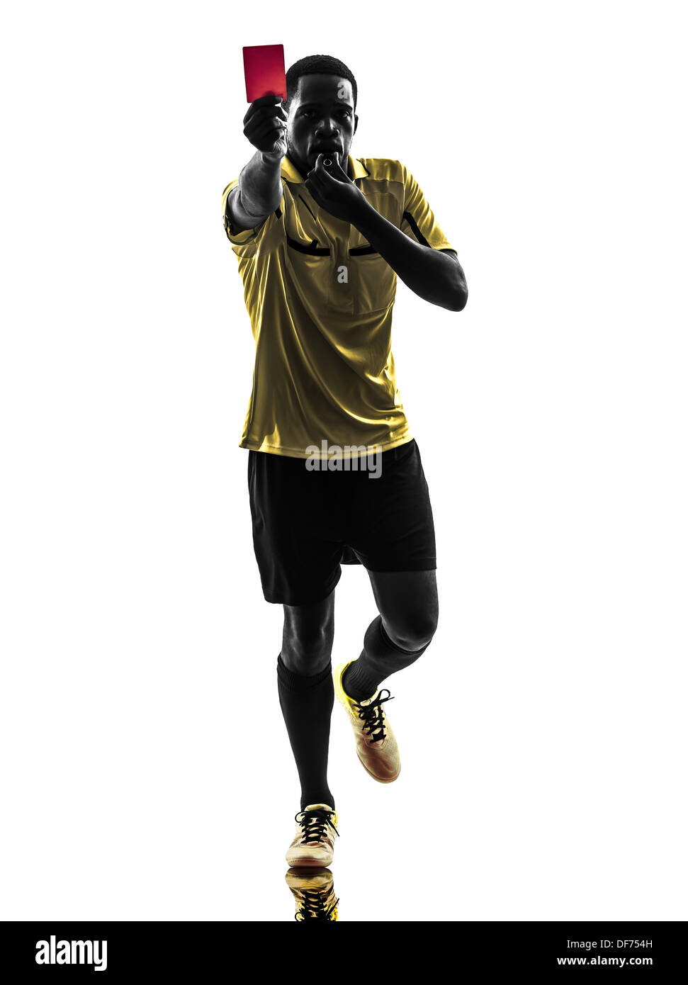 one african man referee showing red card in silhouette on white ...