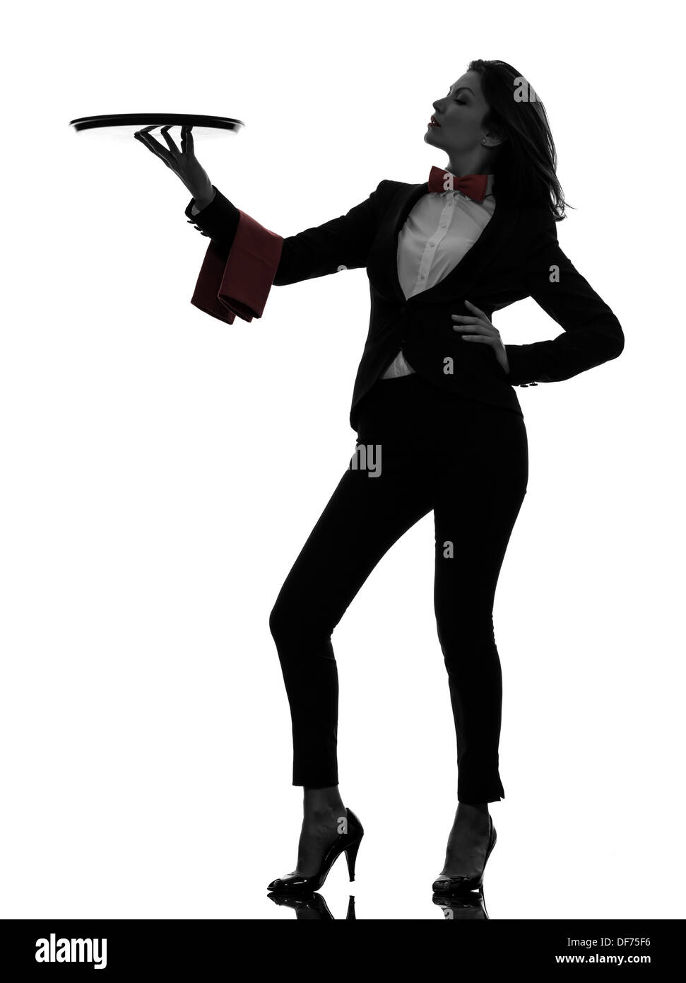 one woman waiter butler holding empty tray in silhouette on white ...