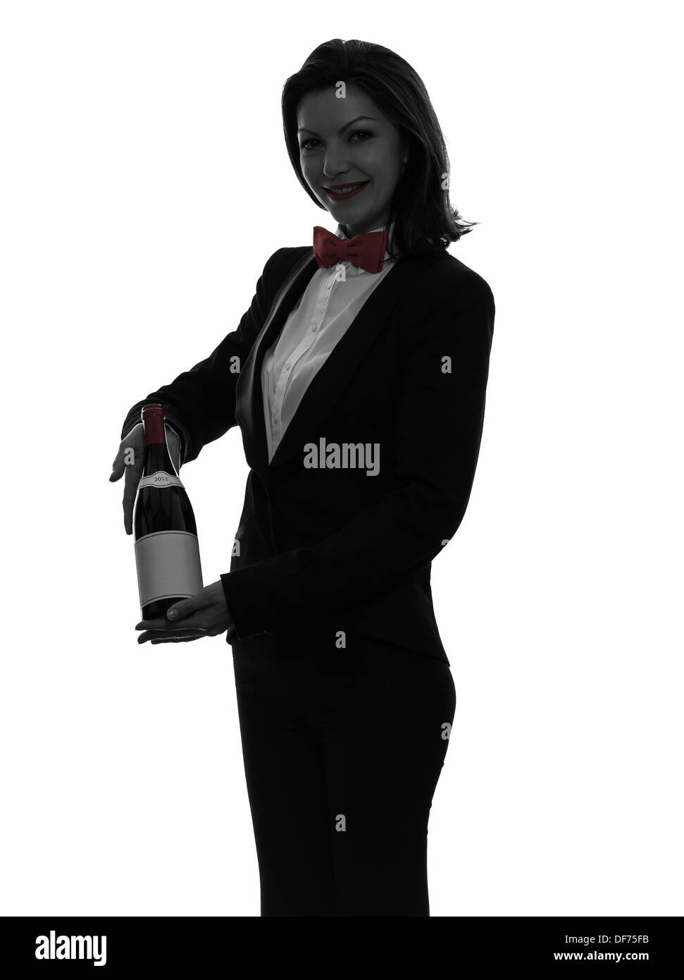 one woman waiter butler serving red wine in silhouette on white ...