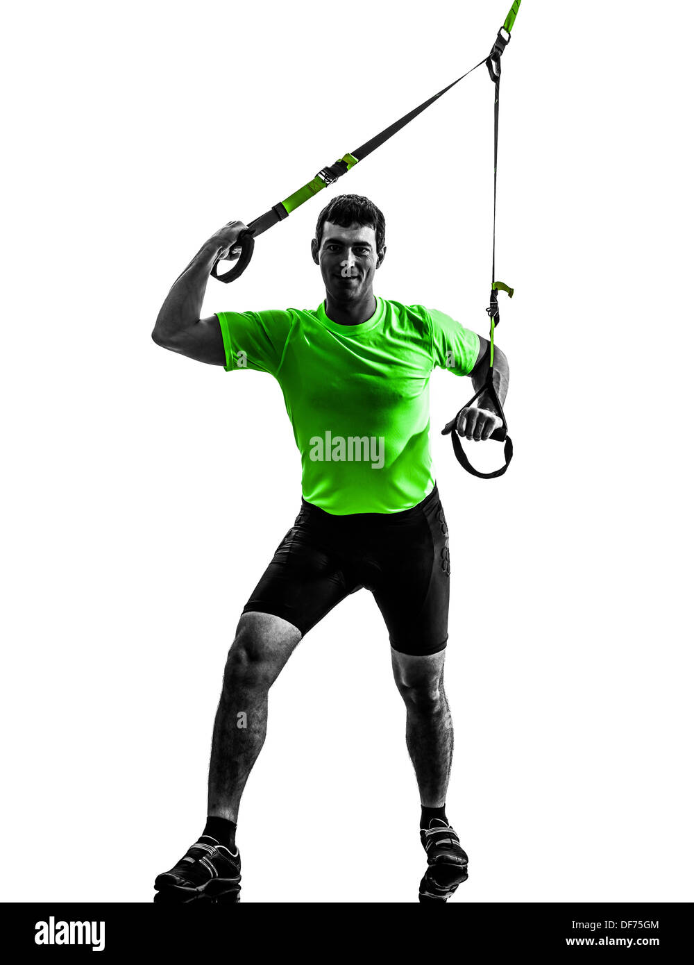 one man exercising suspension training trx on white background Stock ...