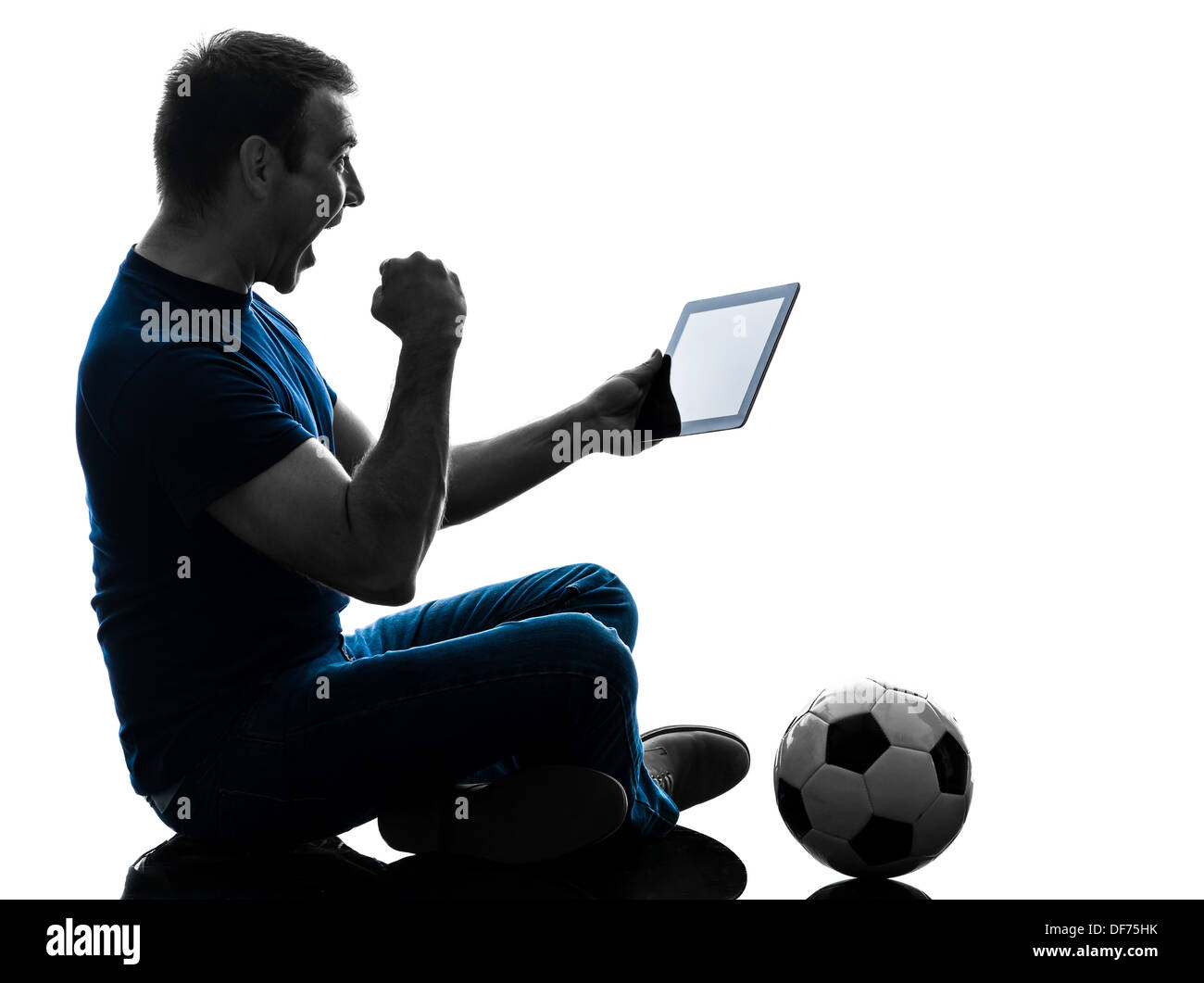 one man holding digital tablet in silhouette on white background Stock ...
