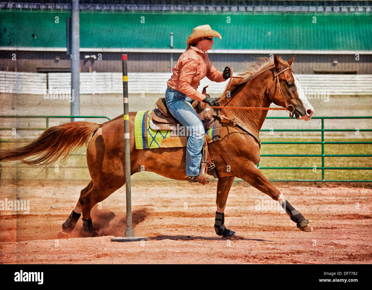 Western horse and rider competing in pole bending and barrel racing ...