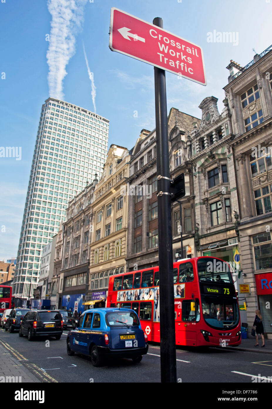 Crossrail works sign on Oxford Street showing Centre Point in ...