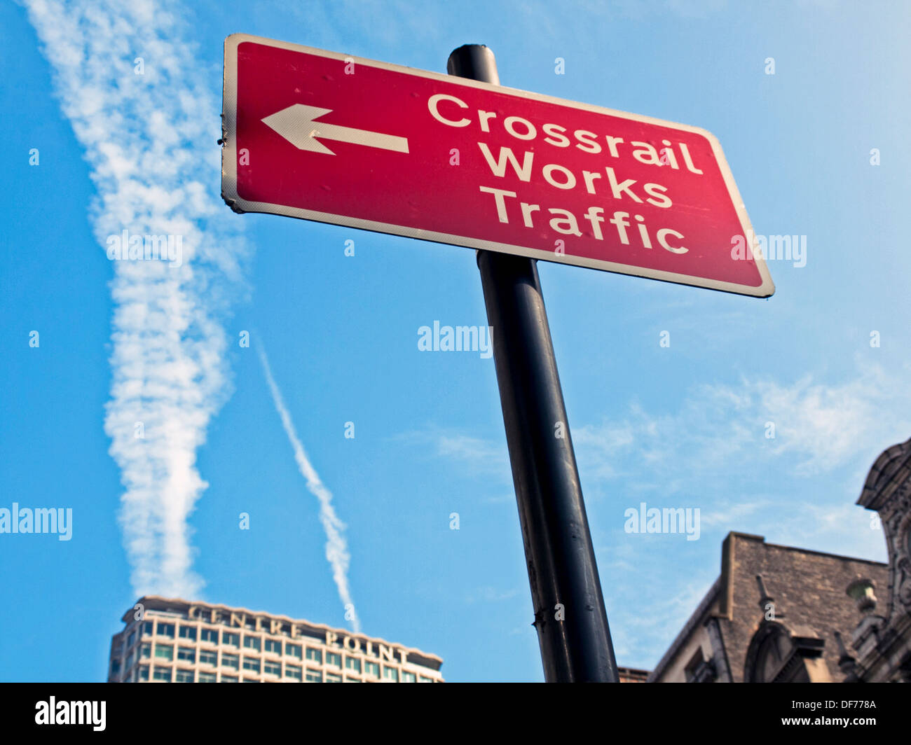 Crossrail works sign on Oxford Street showing Centre Point in ...