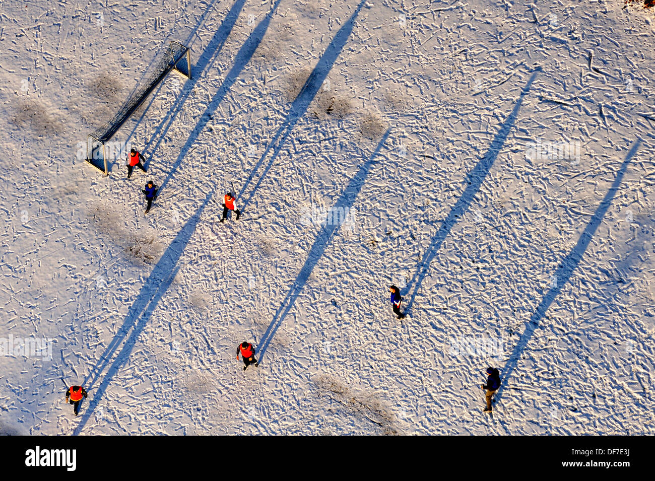 Aerial view, Men's soccer team playing in the snow, Lüneburg, Lower ...