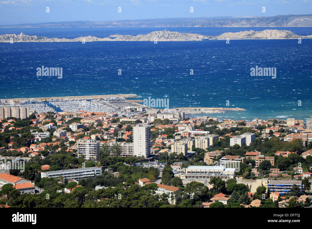 Top view above the city of Marseille with the Frioul islands in the ...
