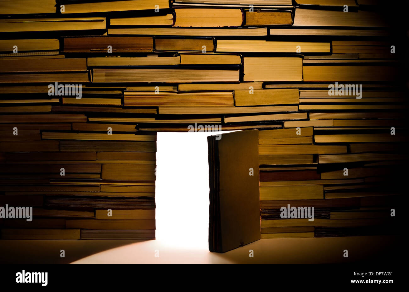 Wall of books with open door Stock Photo - Alamy
