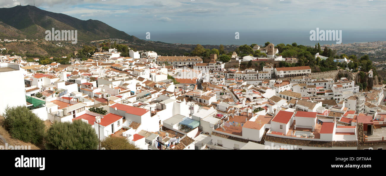 Mijas spain. Panorama of the hillside, white washed village of Mijas ...