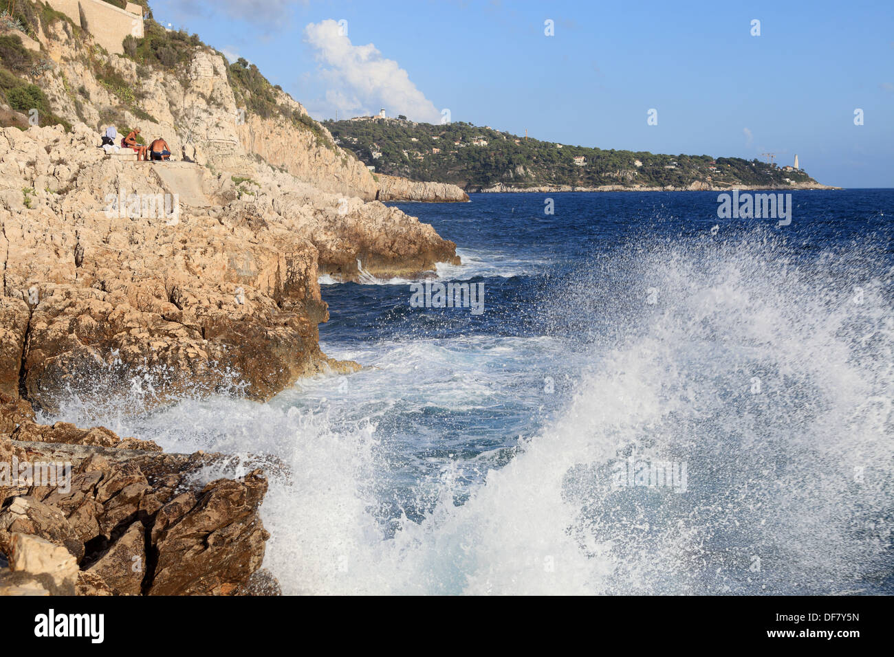 The rocky beach of "Le Cap de Nice" in Nice city, French Riviera Stock ...