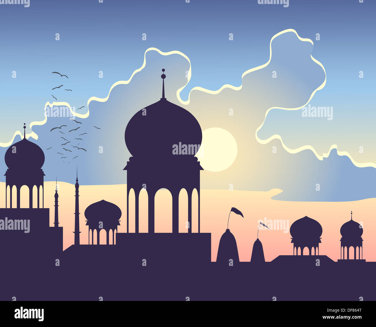 an illustration of Indian architecture at sundown with Hindu temples ...