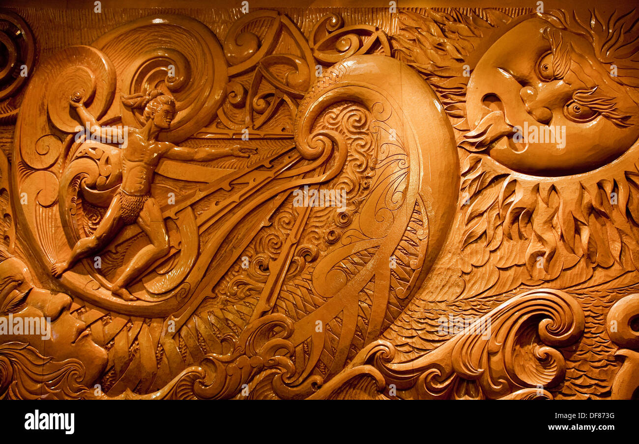 Maori Carving Wooden Wall Panel In Cafe Rotorua New Zealand Stock maori-carving-wooden-wall-panel-in-cafe-rotorua-new-zealand-stock