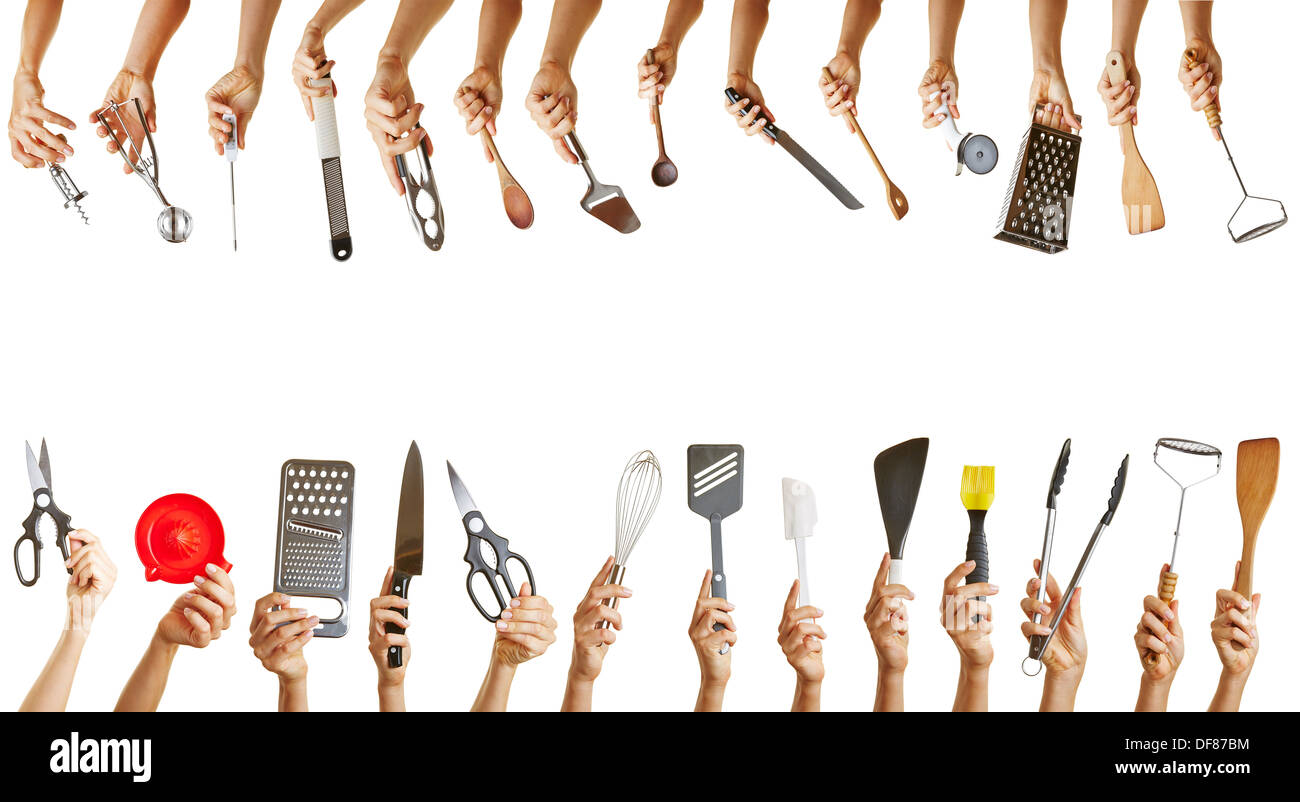 Frame with hands holding many different kitchen tools Stock Photo - Alamy