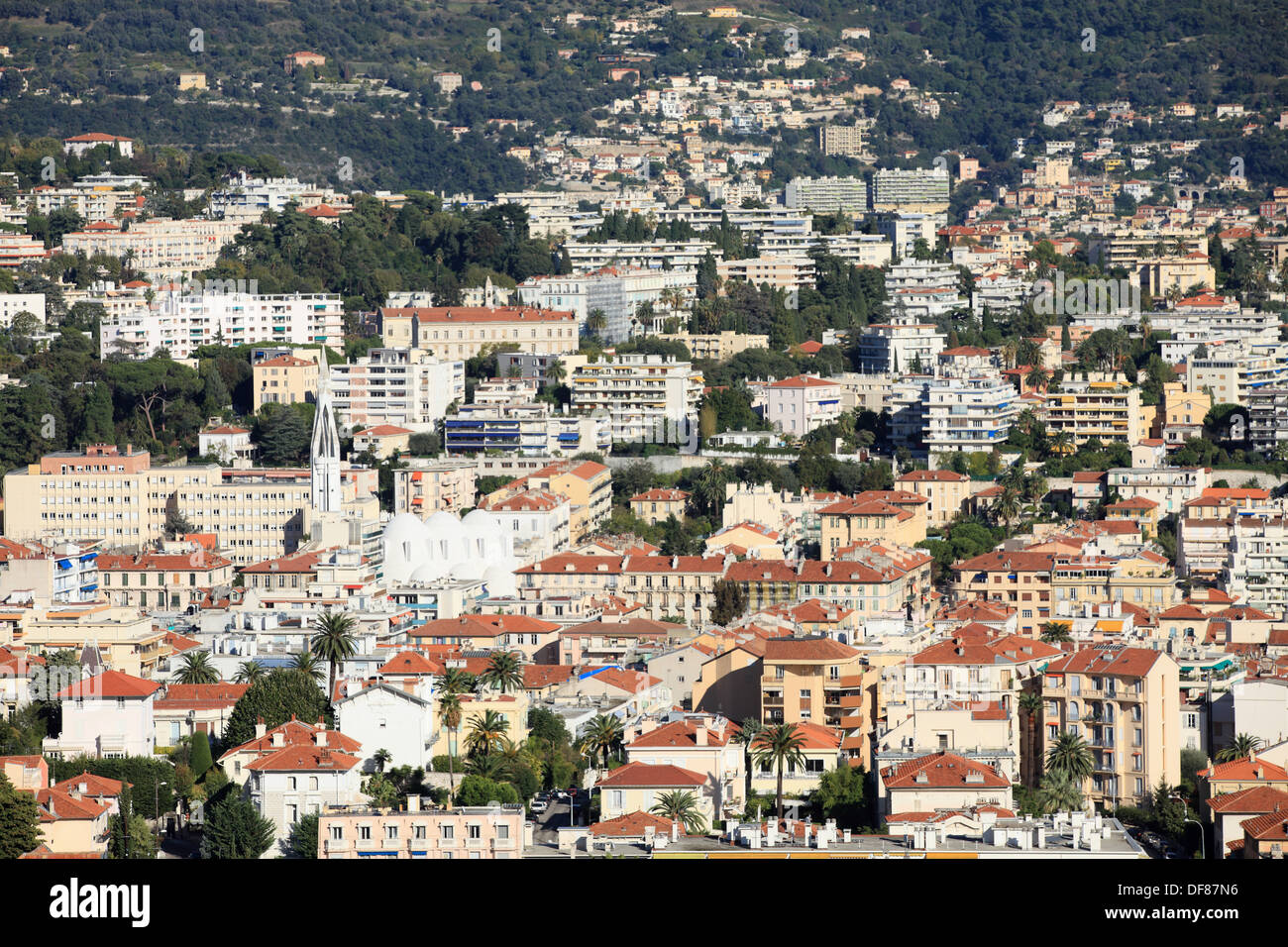 Top view above the city of Nice, north district French Riviera, France ...