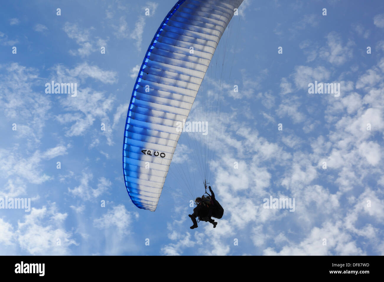 Two people tandem skydiving with a parachute from below backlit against ...