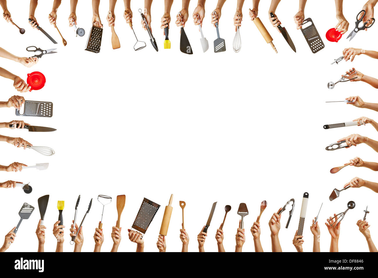 Frame with many hands holding different kitchen tools for gastronomy ...