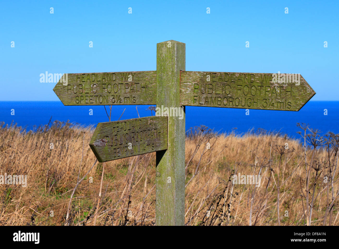 Headland Way chalk cliffs heritage coast footpath signpost at Bempton ...