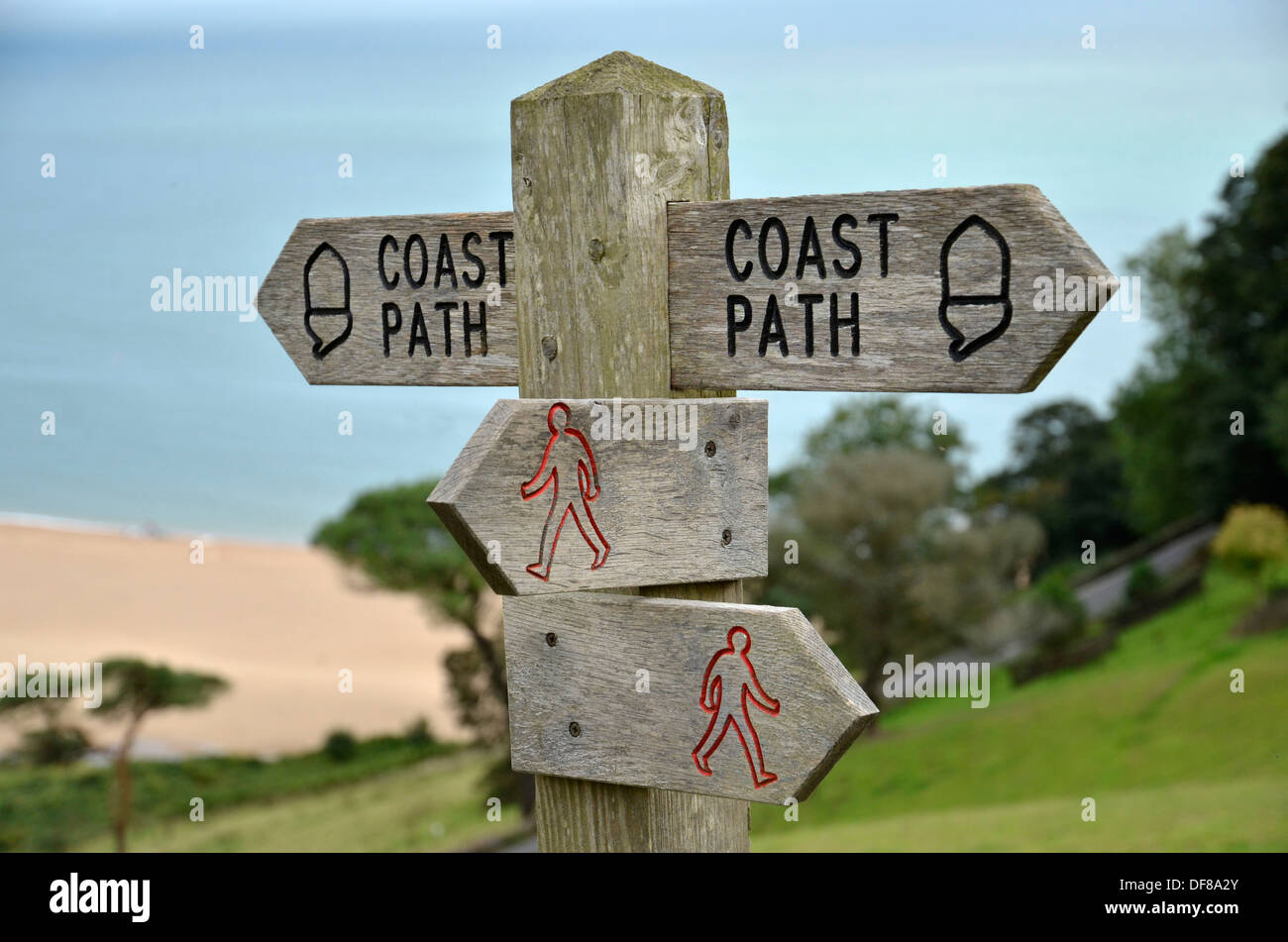 A Coastal Path signpost on the South Devon coast at Blackpool Sands ...