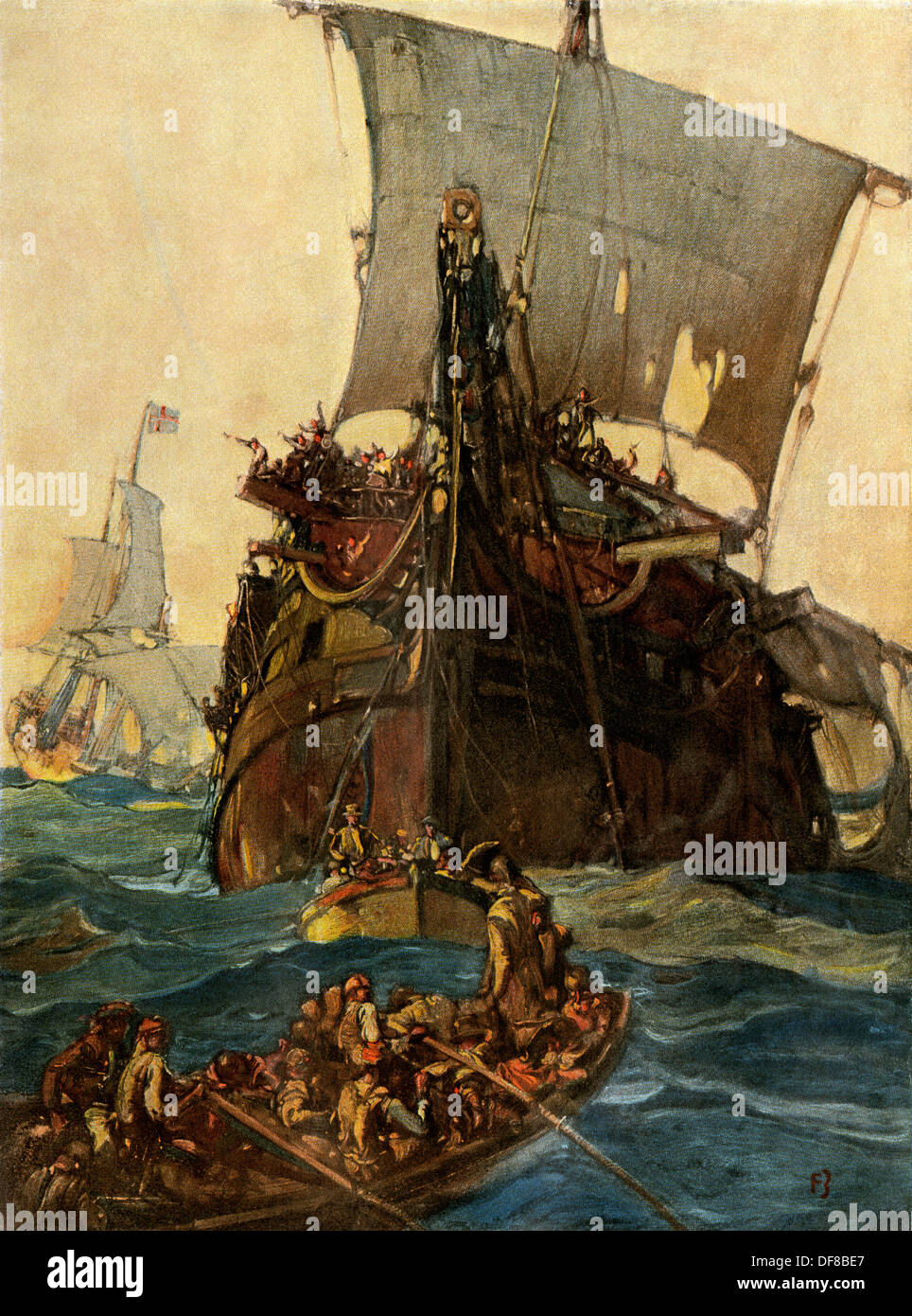 English Navy sinking the French "Vengeur" off the coast of Brittany ...
