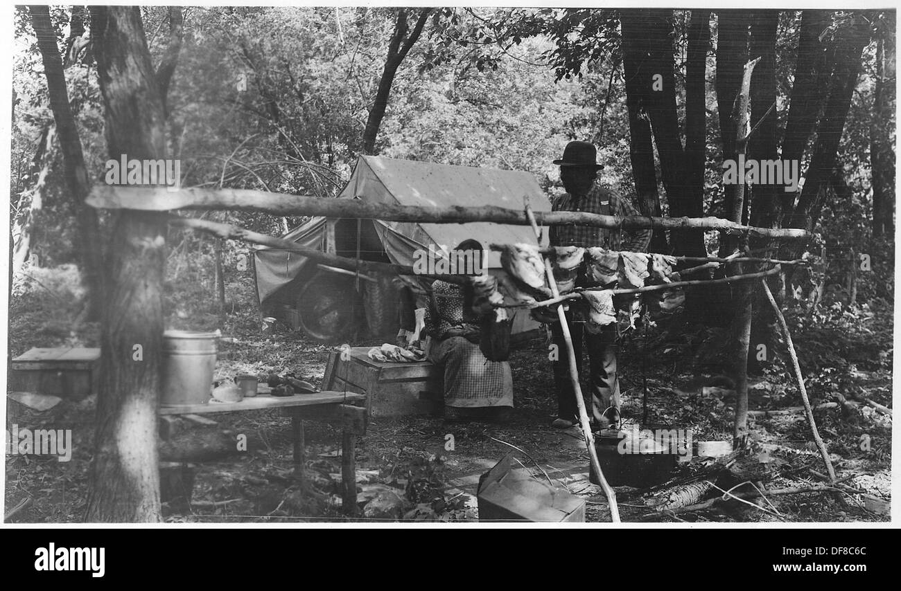 This photograph depicts the process of smoking and drying fish and meat ...