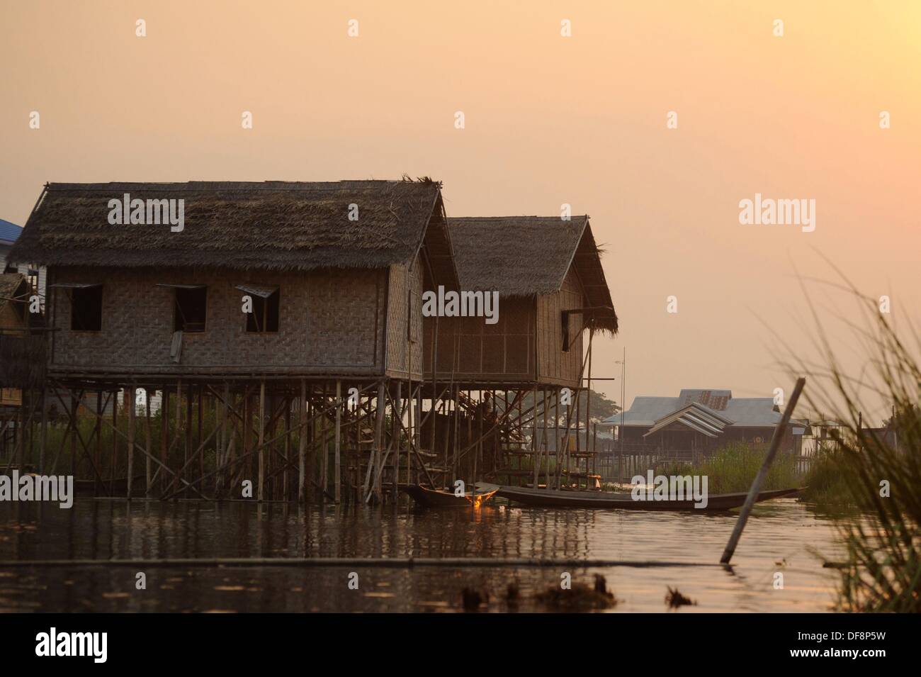 A stilt village during sunset on Inle Lake near Thale U, Myanmar, 06 ...