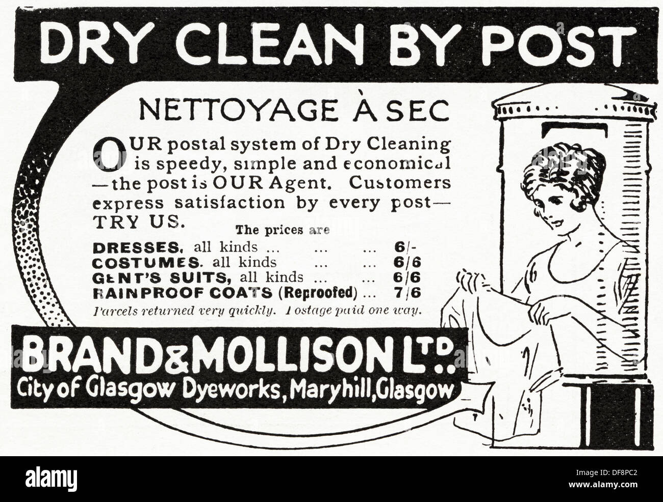 Original 1920s advertisement advertising DRY CLEANING BY POST, consumer ...