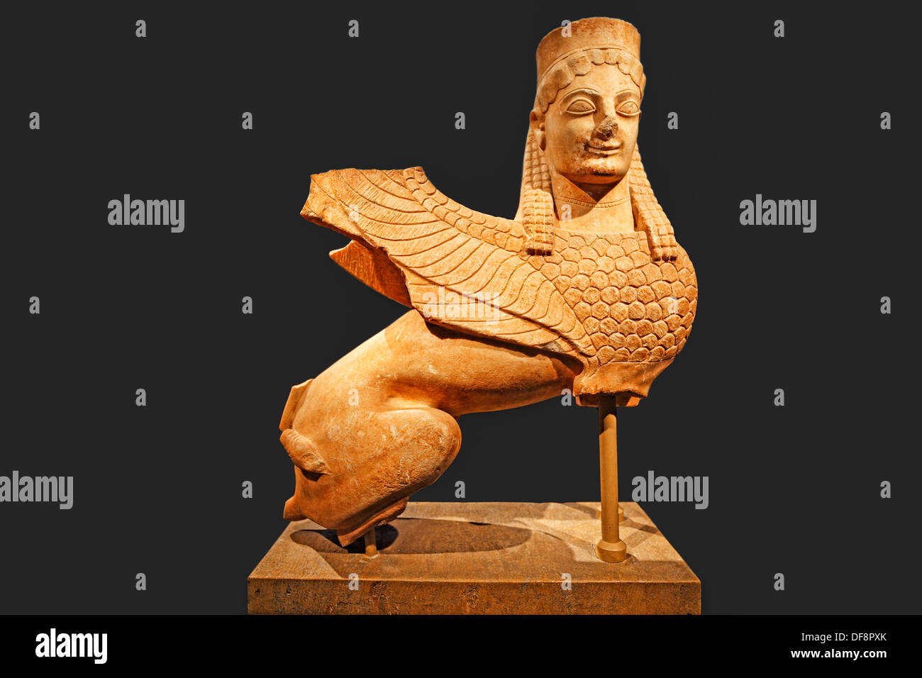 Marble statue of a sphinx (570-550 B.C.) in National Museum, Greece ...