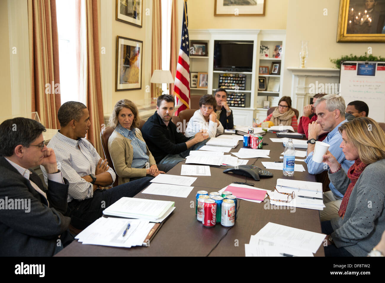President Barack Obama meets with senior staff in Chief of Staff Denis ...
