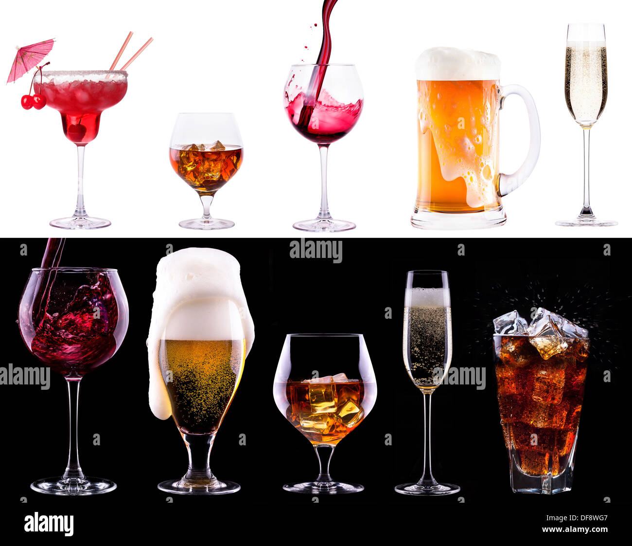different alcohol drinks set isolated- beer, martini, cola, scotch ...