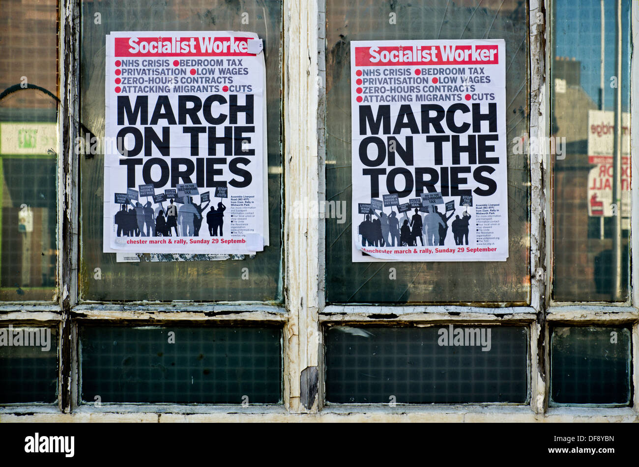 Socialist Worker Party protest posters on a derelict building on Leith ...