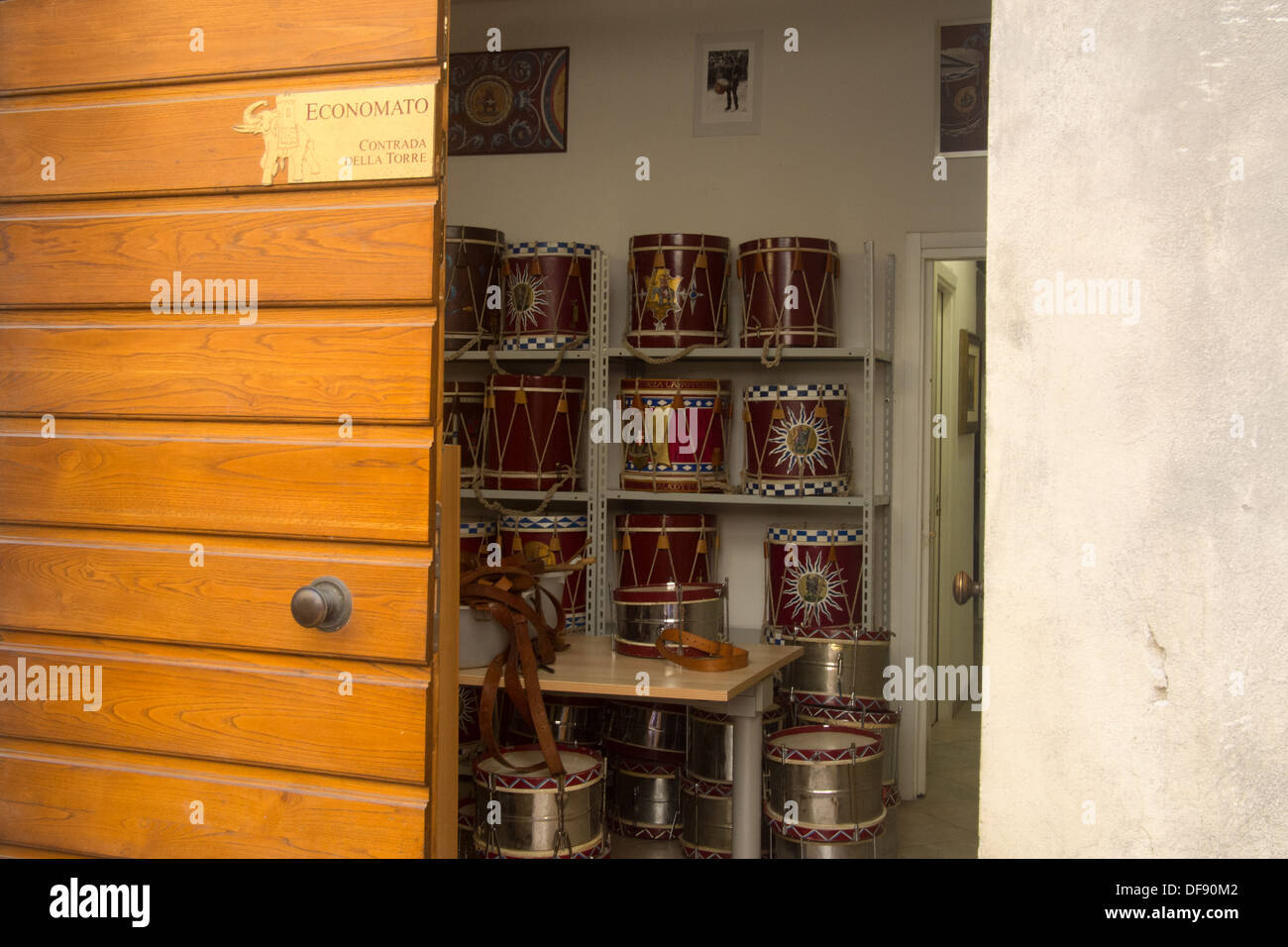Drums of the "Torre" (Tower) Contrada (District) ready for the Palio ...