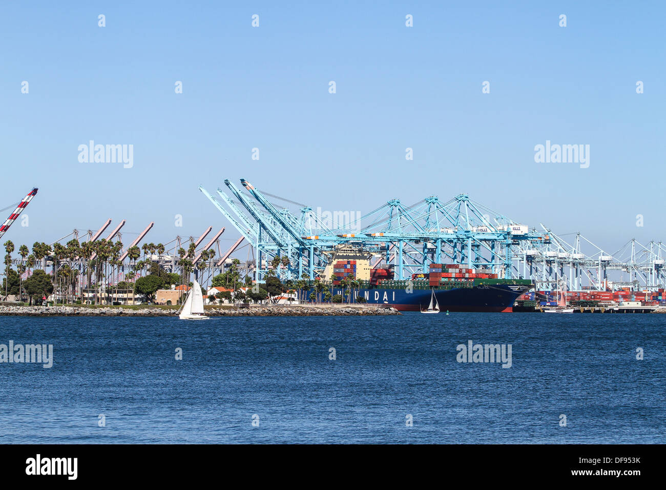 Containers and sailboat at the Port of Los Angeles California Stock ...