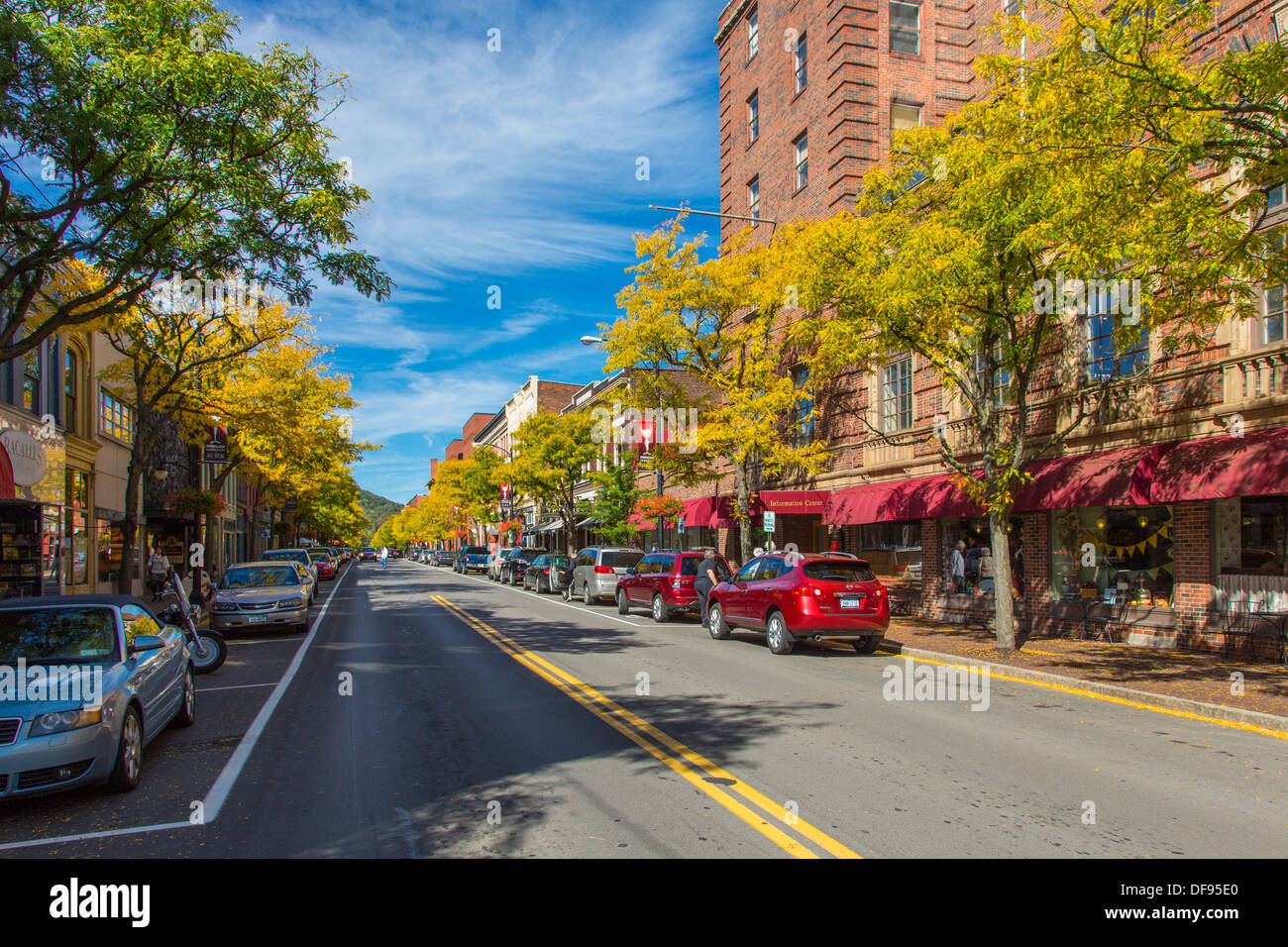 Yellow fall trees on Market Street in the historic Gaffer District of ...