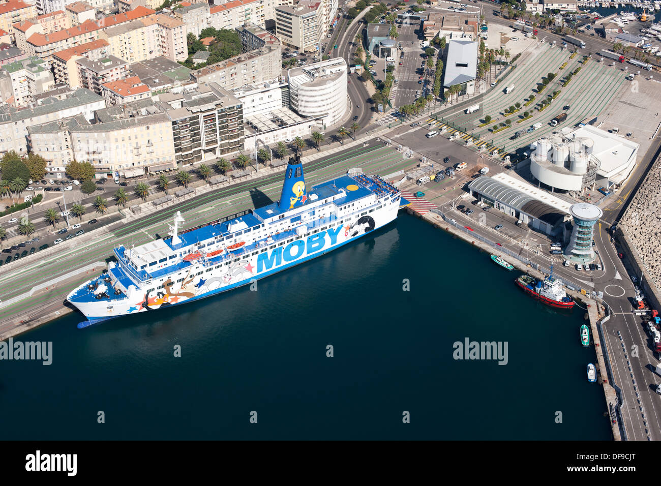 AERIAL VIEW. Vehicles embarking on a ferryboat in Saint-Nicolas Port ...