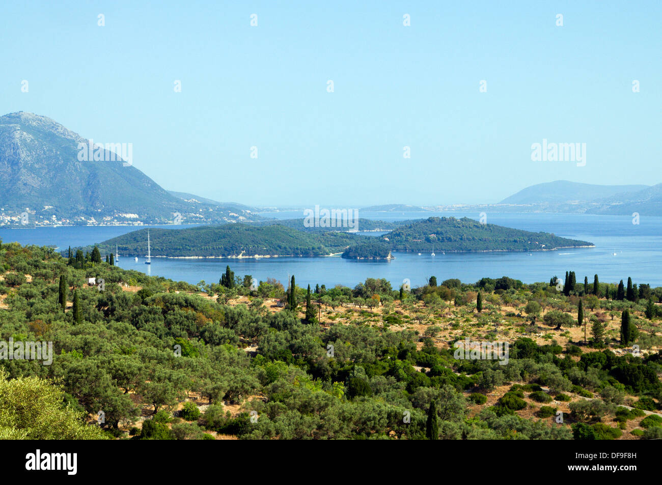 View looking towards Skorpios Island from hill above Spartochori ...