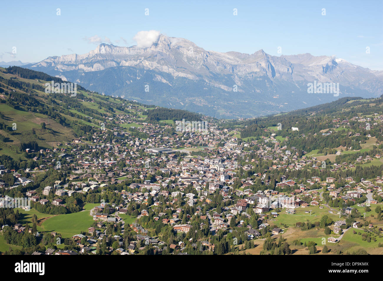 AERIAL VIEW. City of Megève with the Aiguille de Varan (elevation ...