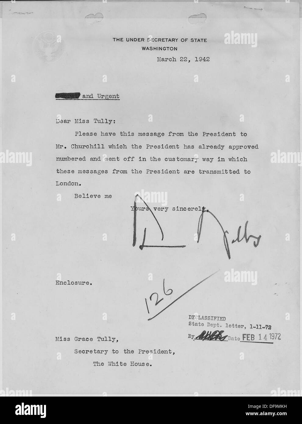 This image shows a letter from Sumner Welles to Grace Tully. Welles was ...