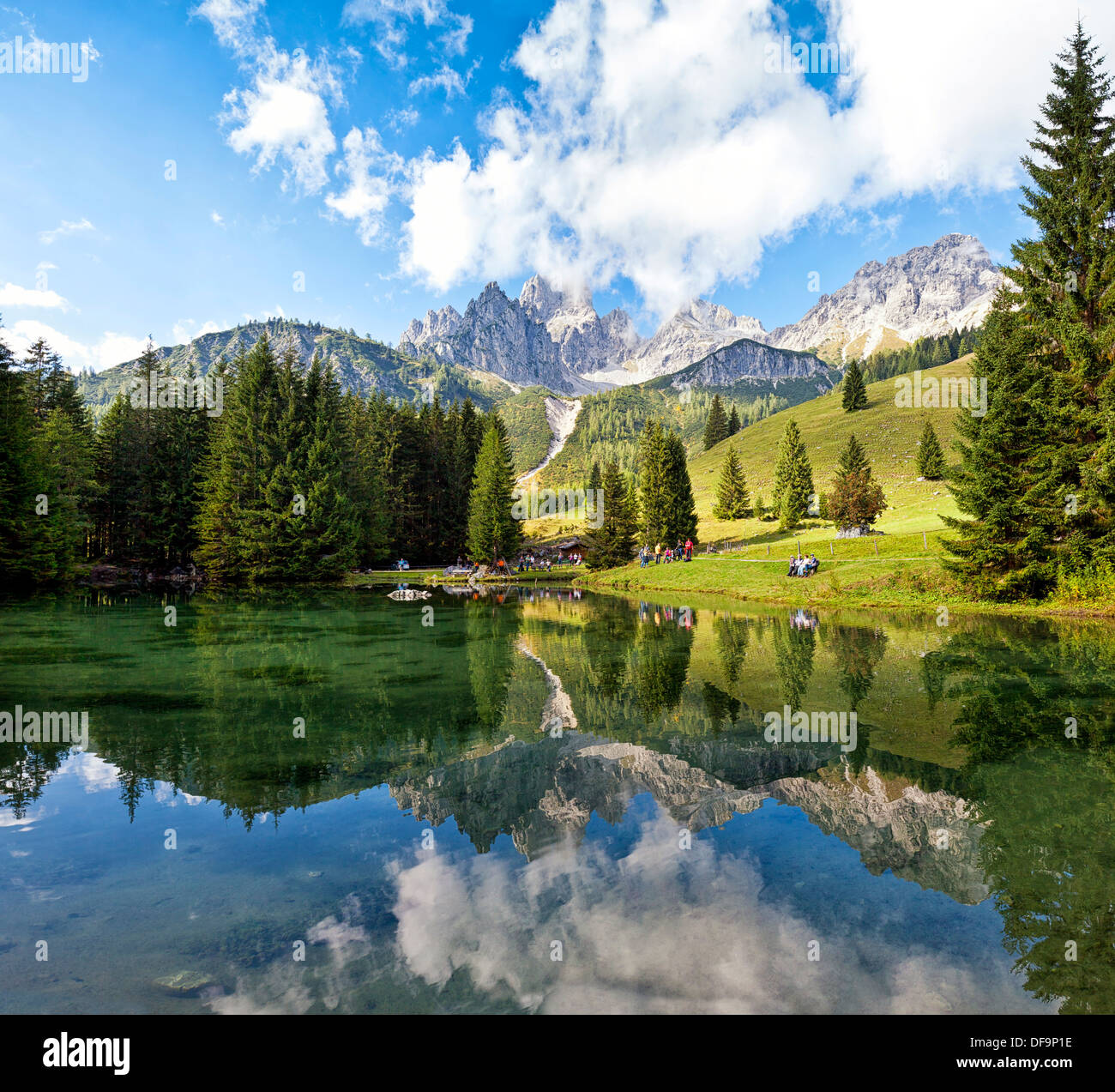 View from Almsee to the Bischofsmütze of Salzburg (Filzmoos) in Austria ...