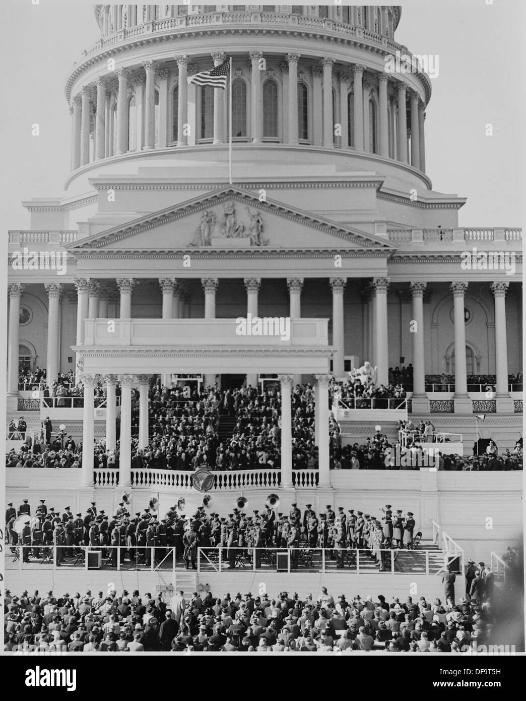 A distant shot of the inaugural stand in front of the Capitol Building ...