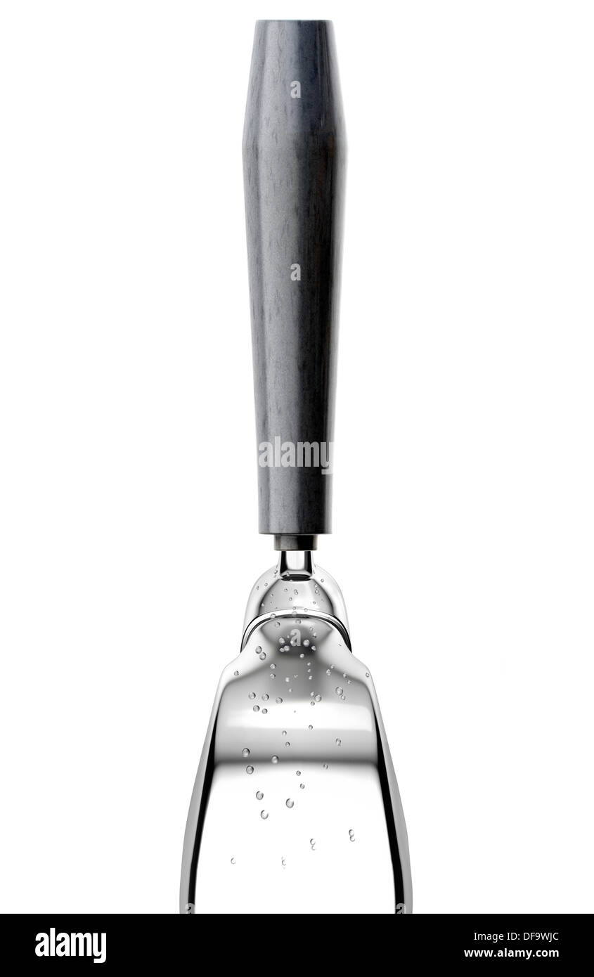 Chrome draft beer tap with pulling handle and drops of condensation ...
