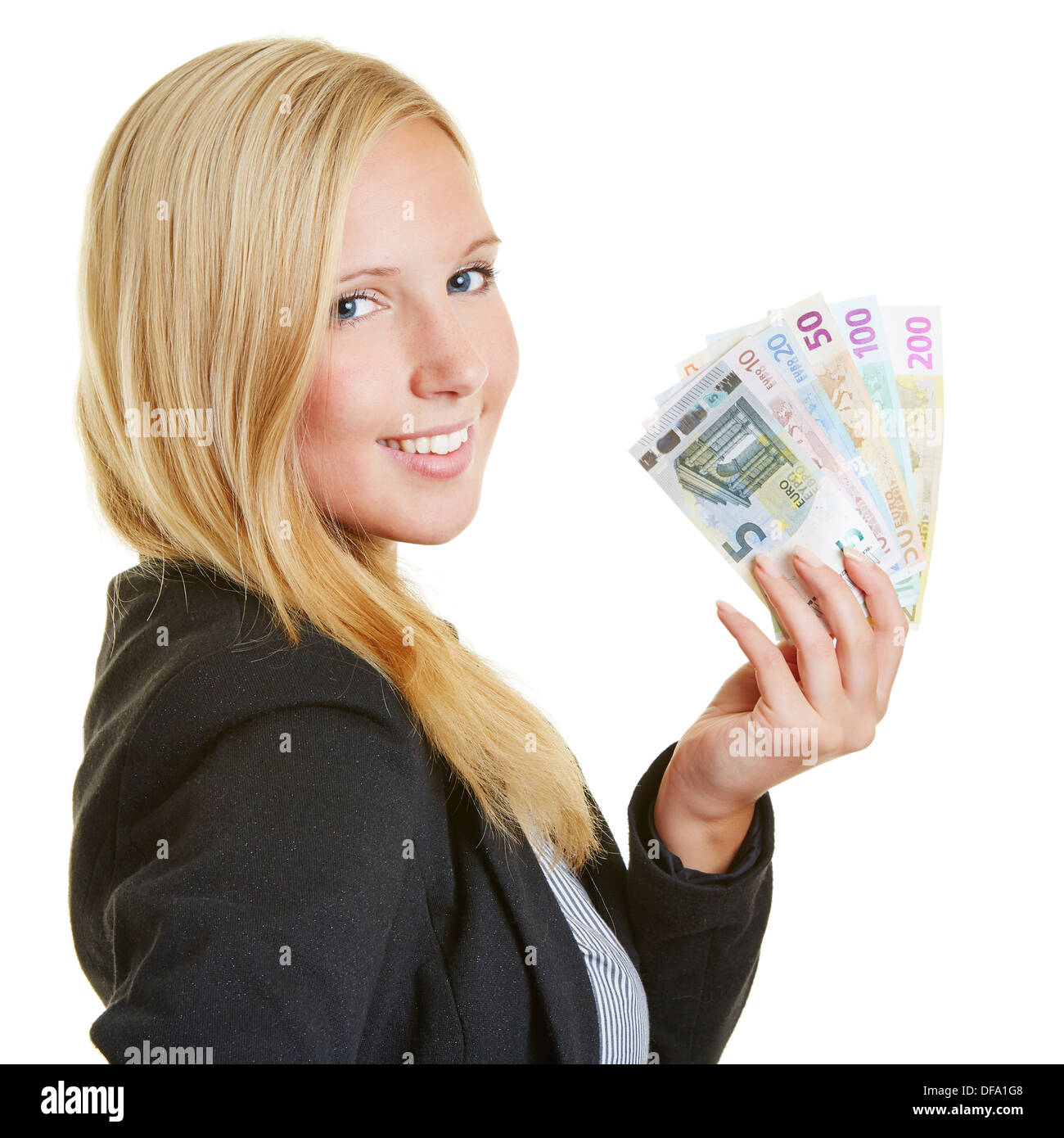 Woman happy blond money hi-res stock photography and images - Alamy