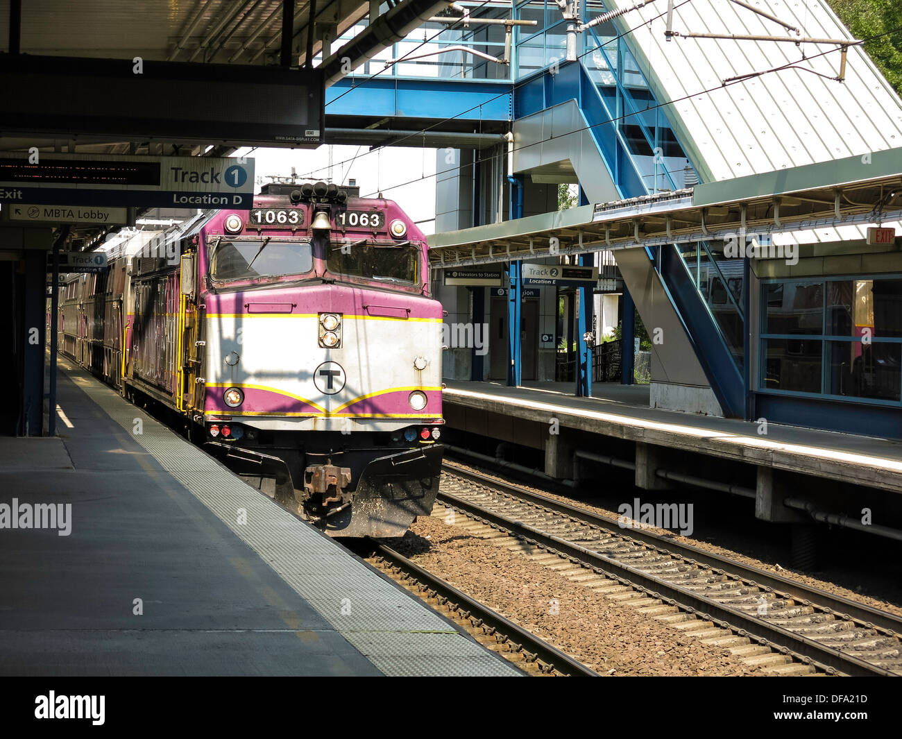 Commuter passenger train Engine at Station Stop, MA, USA Stock Photo ...